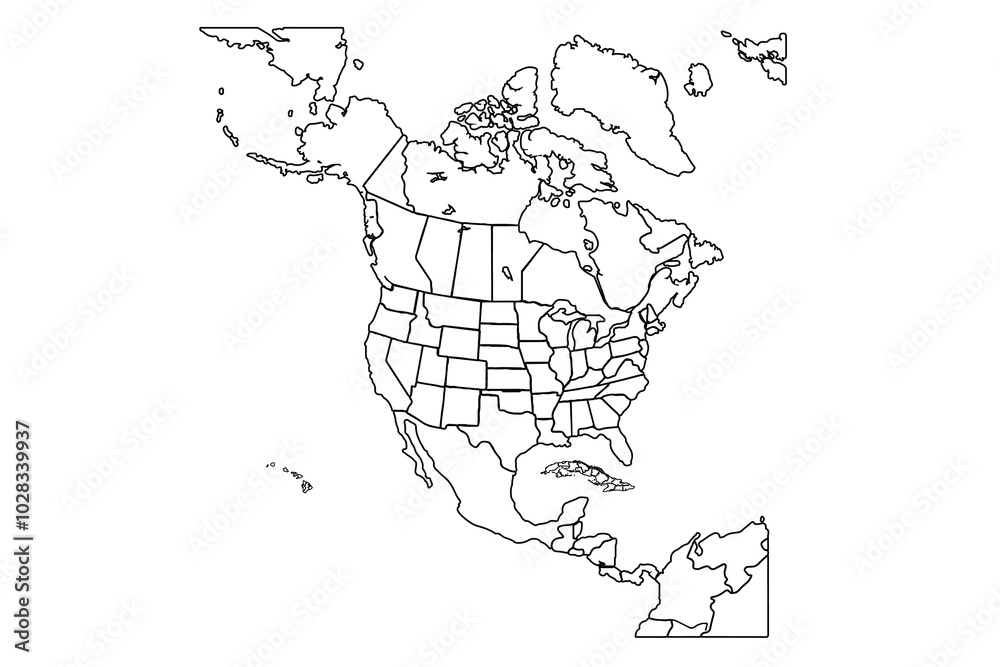 Highly Detailed North America Political Map With Country.line art ...