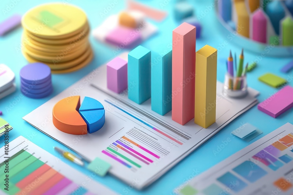 Financial analysis paperwork with bar graphs and pie charts, 3D ...