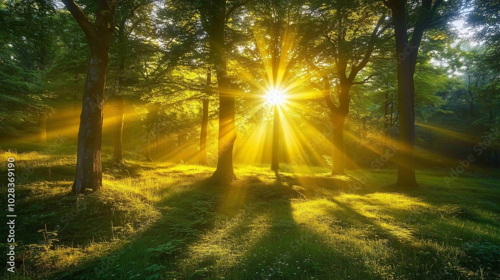 Sunlight shining trees forest grass morning sun rays background break ...