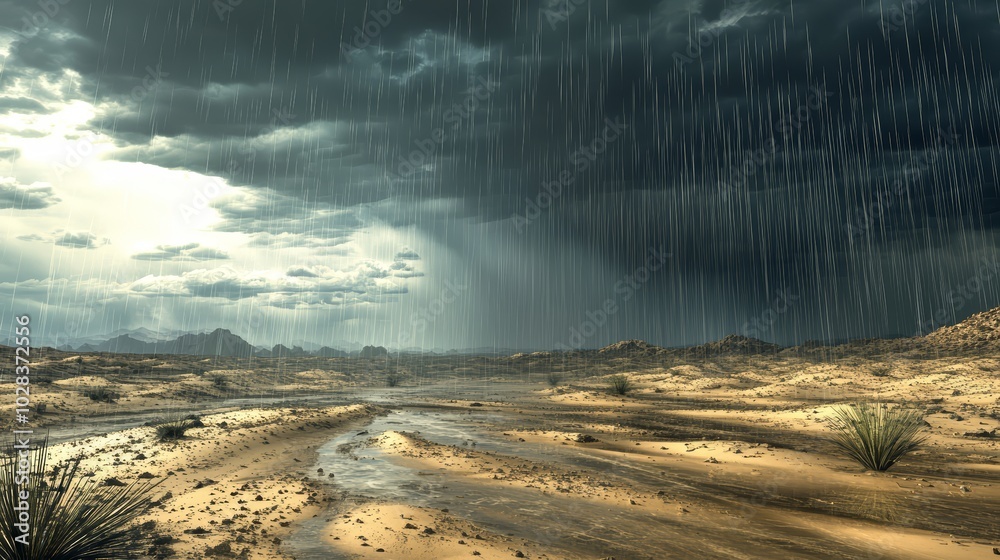 Climate change. Rainstorm downpours on to a hot desert and causes flood ...