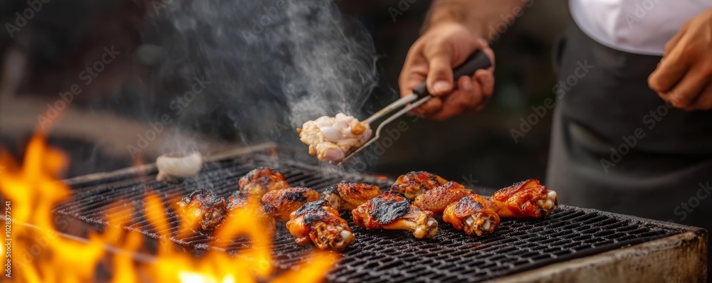 Man grilling chicken wings over open flames, smoky scene, street food ...