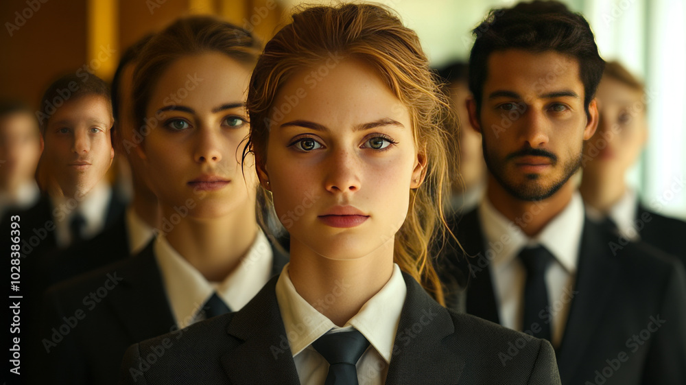 young group of job applicants front facing standing side by side in a ...