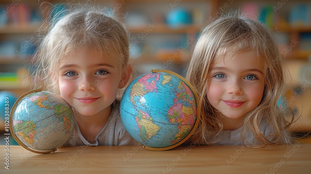Two girls, one with a globe of the world, smile brightly against a ...