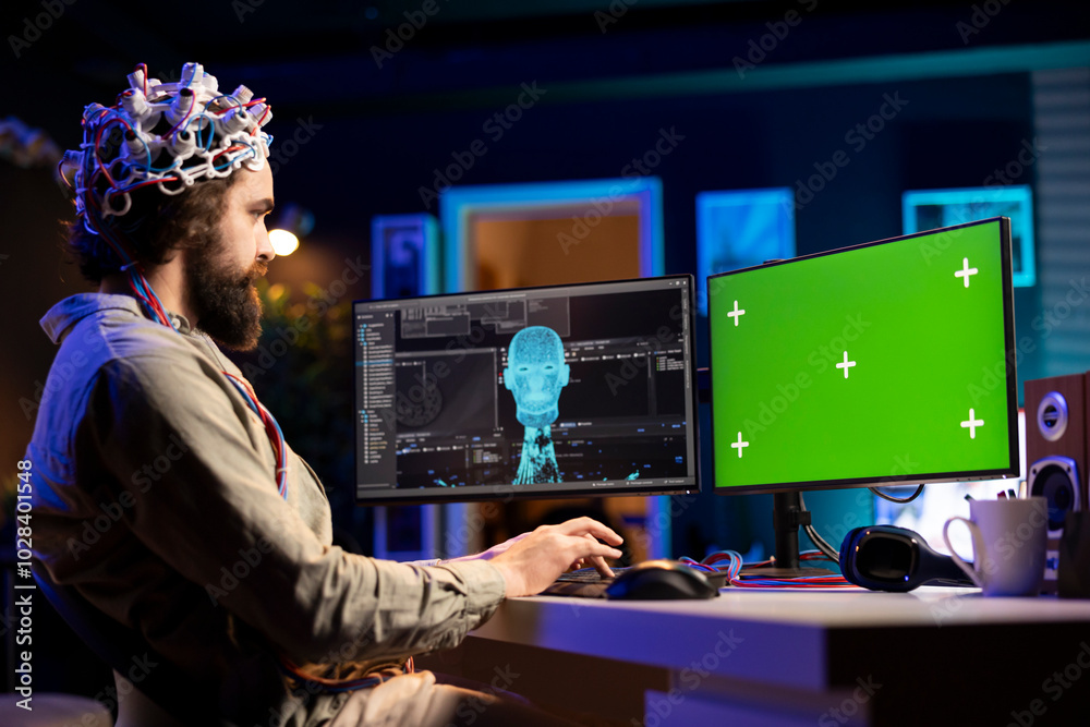 Man with EEG headset on writing code on green screen PC to transfer ...