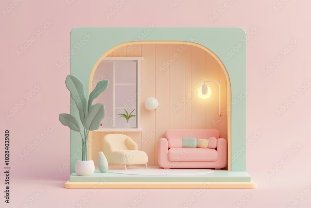 Tiny cute isometric outside of living room interior background Stock ...