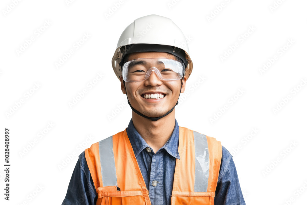 Asian male manufacturing worker wearing a safety helmet and goggles on ...