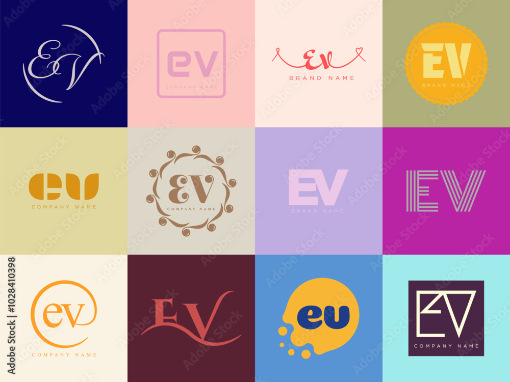 EV logo company template. Letter e and v logotype. Set different ...