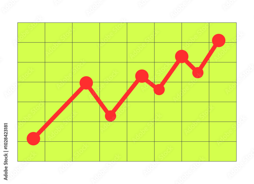 Rising up data points line chart against grid pattern 2D cartoon object ...