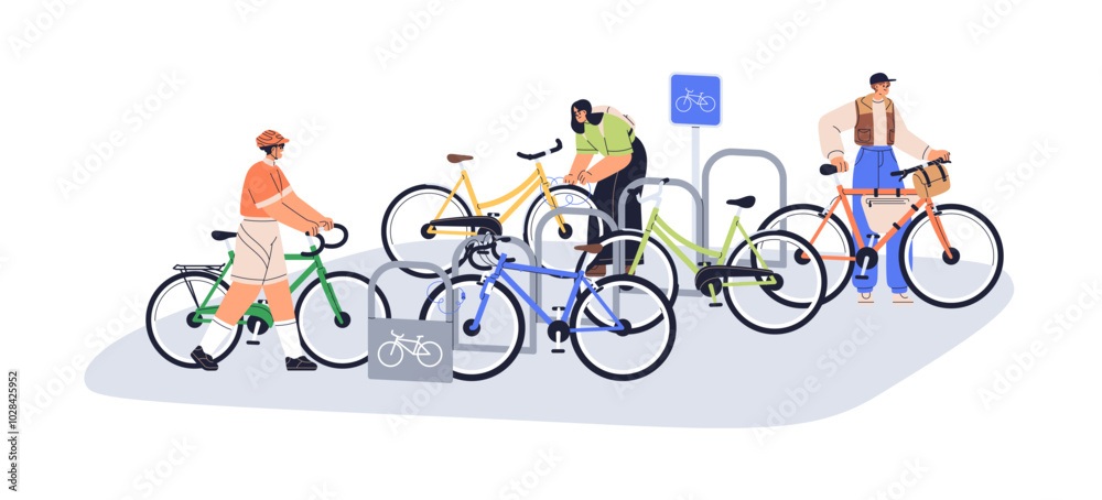 Bicycle parking lots in city. Cyclists locking bikes, eco transport ...