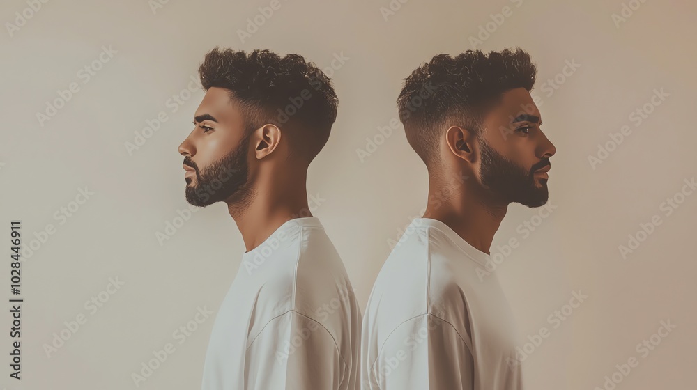 Twin brothers stand side-by-side, facing opposite directions, and ...