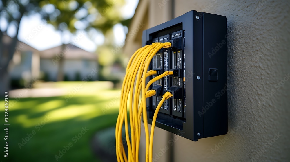 Network Switch with Yellow Cables Installed on Exterior Wall Stock ...