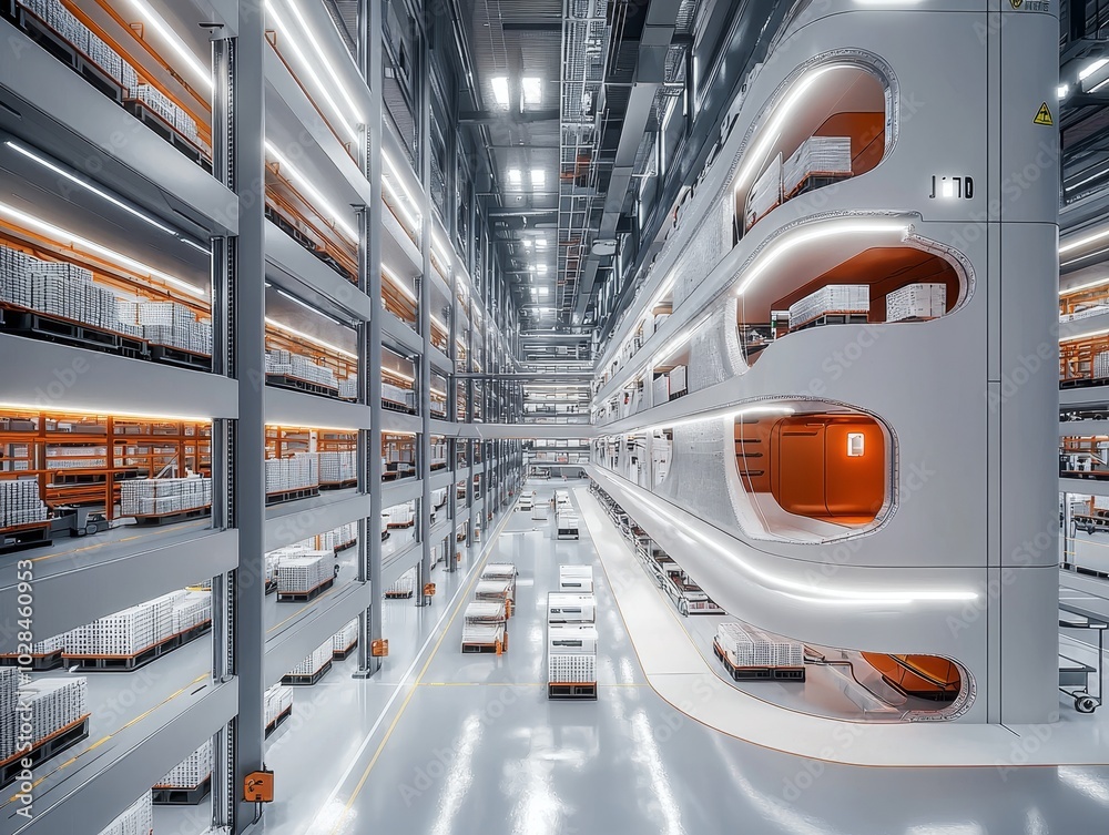 A futuristic warehouse with multiple distribution zones, showcasing ...