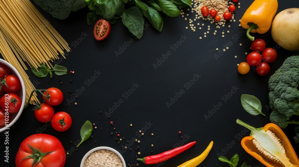 Frame of fresh food products banner background copy space. Vegan ...
