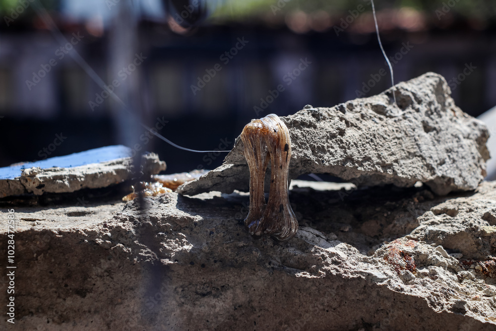Melted plastic fibers left over from a building fire that fell and ...