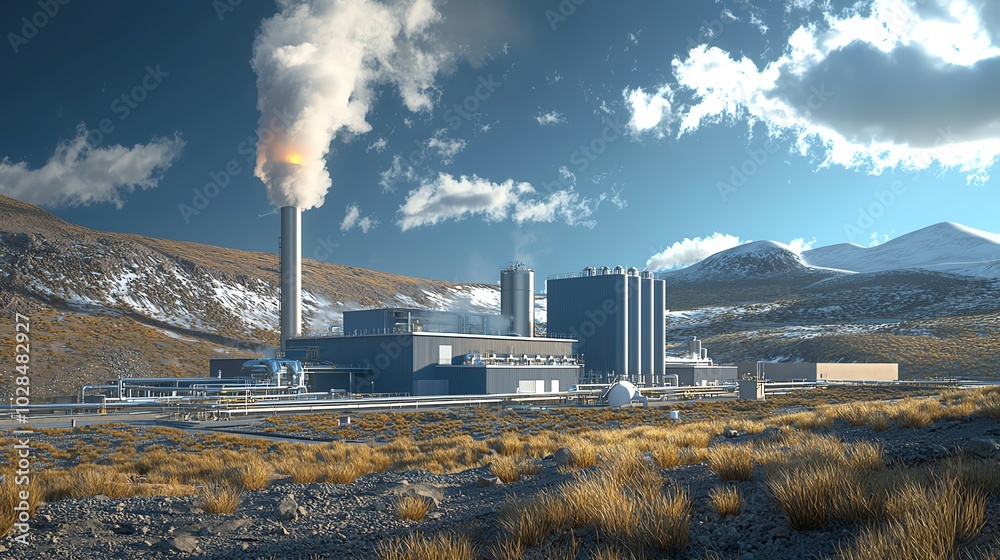 3 Geothermal energy production facility, steam rising, 3D illustration ...