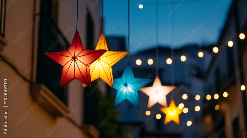 Brightly colored star lanterns hanging from a balcony, illuminating a ...