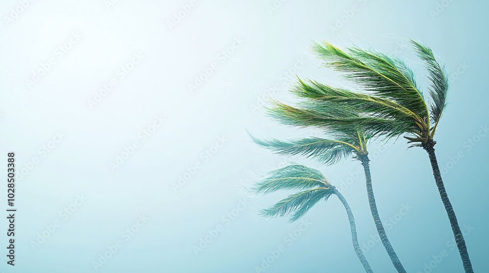 Gale-force winds bending palm trees during a tropical storm, extreme ...