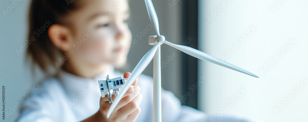 A child engages with a toy wind turbine, symbolizing future ...