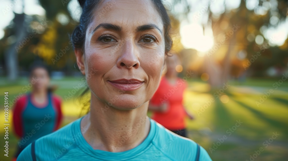 Latino woman in her 40s running in a park, keeping up with her fitness ...
