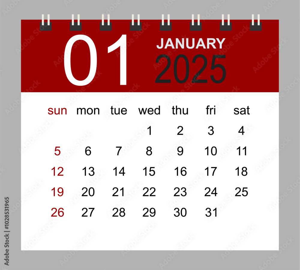 January 2025. Vector monthly calendar template 2025 year in simple ...