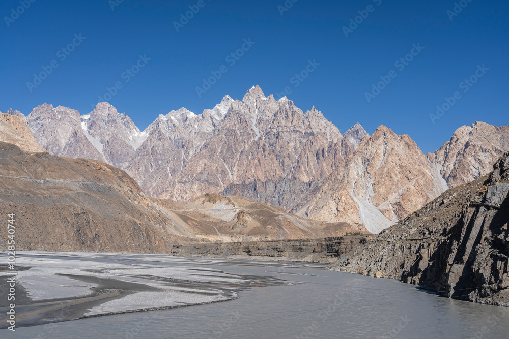Scenic landscape view of Tupopdan peak aka Passu cathedral or Passu ...