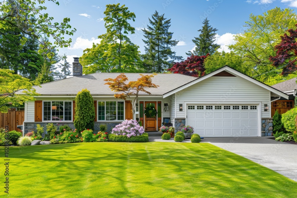 Beautiful single-story ranch-style home with white walls, light gray ...