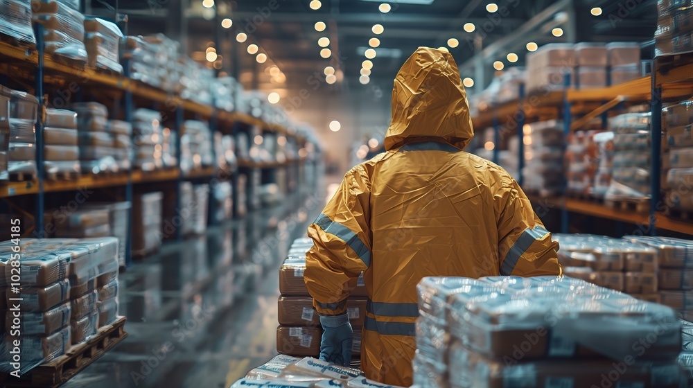 Industrial worker in freezer suit stacking frozen goods on pallets ...