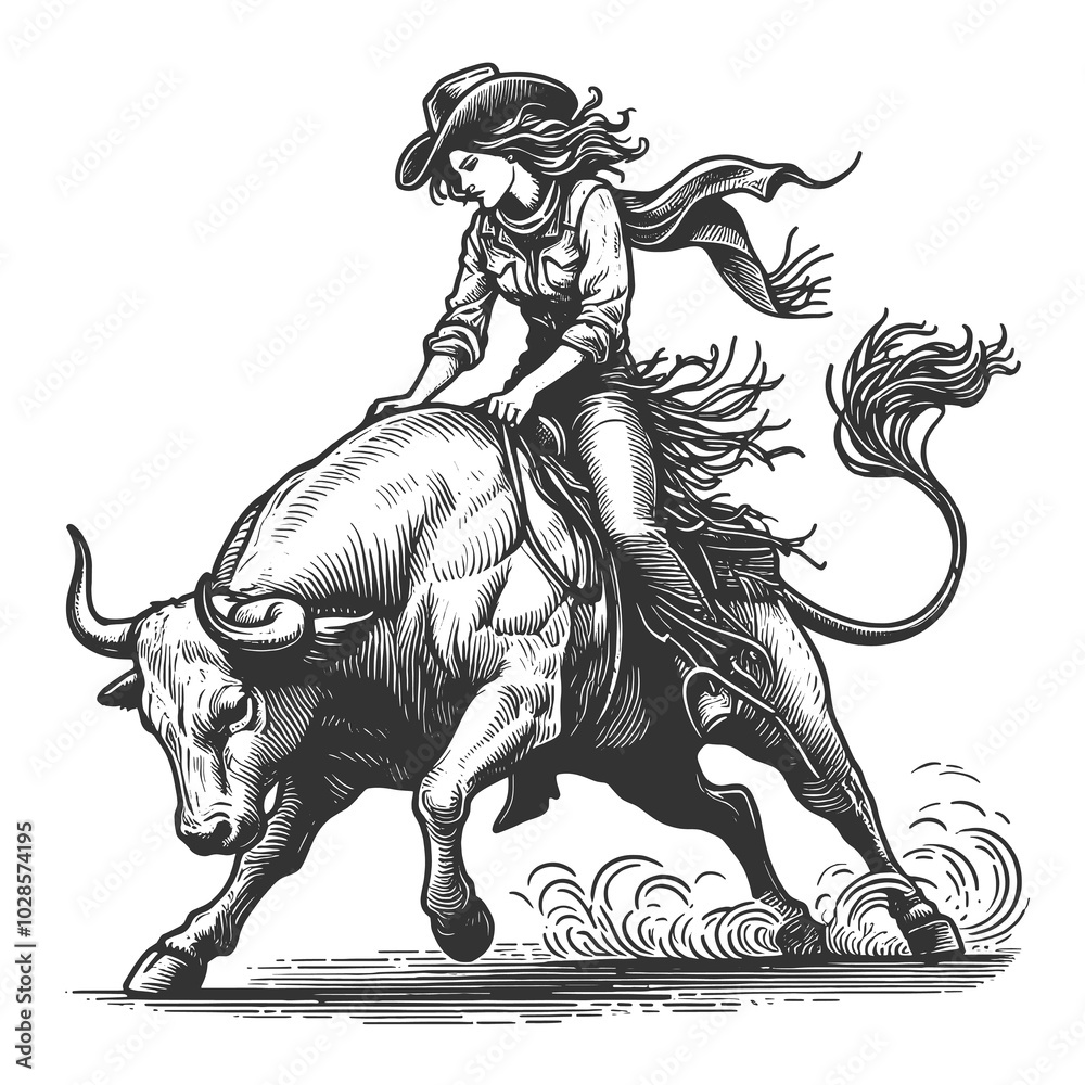 Pin-up woman bull cowgirl in full rodeo action, riding bull with a ...