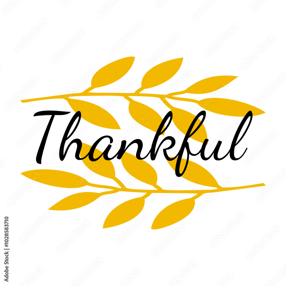 Logo con letras palabra Thankful en texto manuscrito en marco con ramas ...
