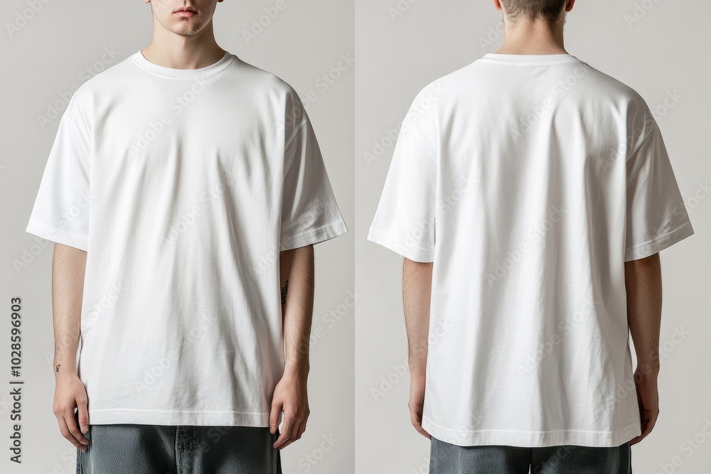 Oversized white T-shirt mockup front and back view on a male model ...