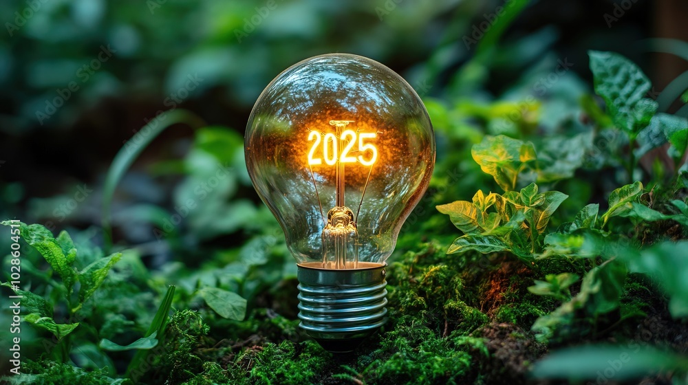 Green eco friendly lightbulb with golwing windturbin inside "2025" text ...