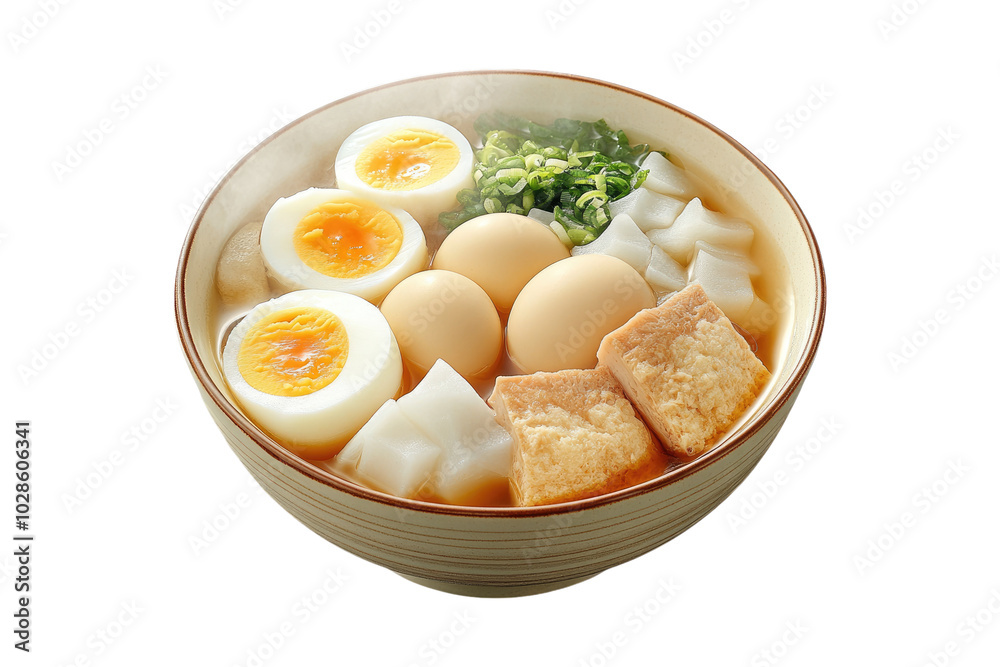 Steaming oden with assorted ingredients including boiled eggs, daikon ...