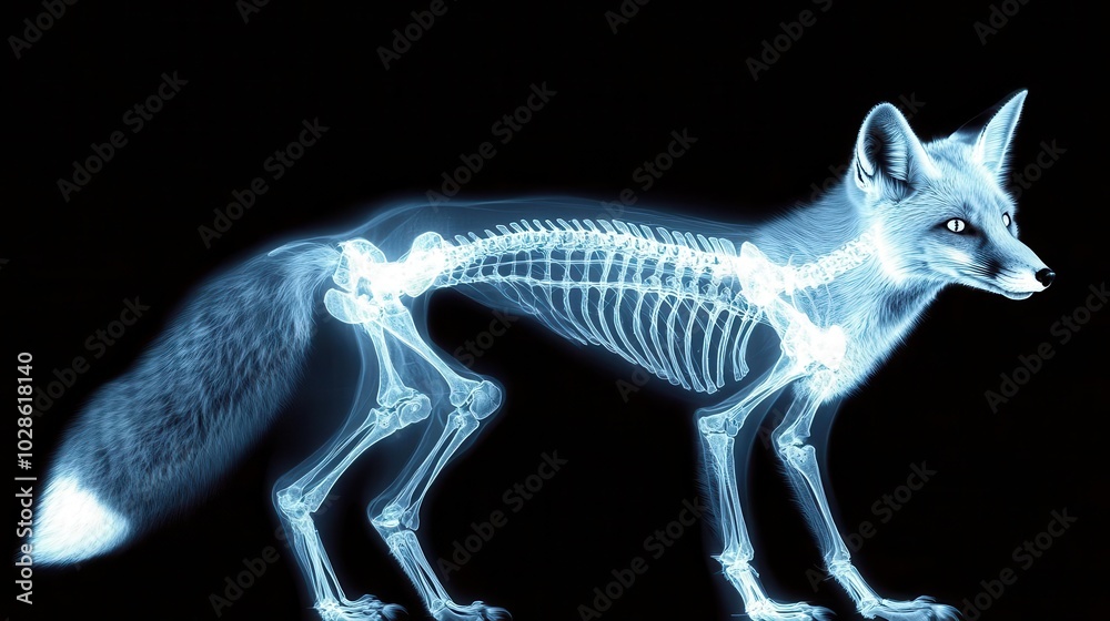 X-ray image of a fox's glowing skeleton, showing detailed bone ...