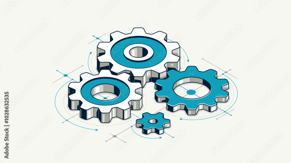 Mechanical engineering concept, gears and cogs with project drawing ...