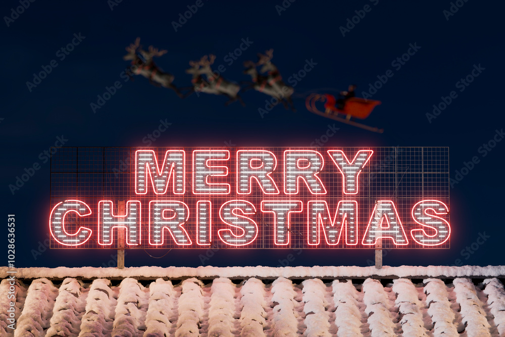 Merry christmas neon sign with santa claus flying over a snowy roof ...