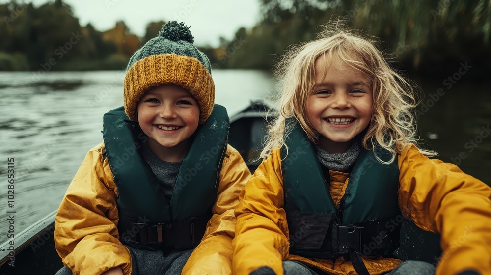 Two young children wearing yellow life jackets smile joyfully while ...