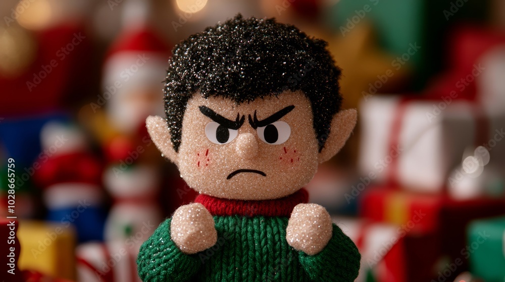 Angry elf covered in glitter, his tiny fists clenched and eyebrows ...
