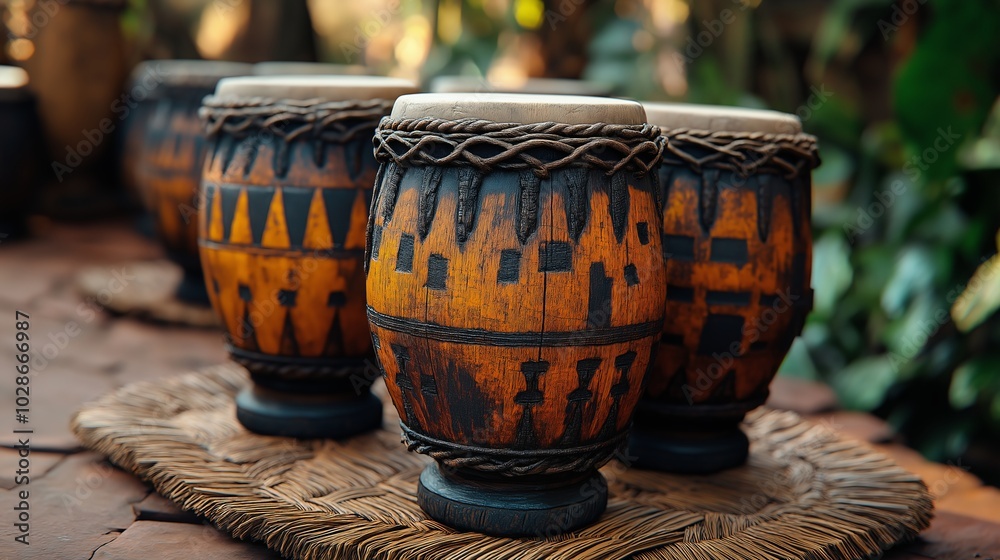 Traditional African Drums in Outdoor Setting with Wooden Carvings ...