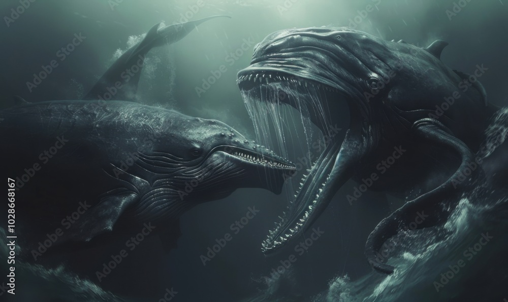 Kraken battling a giant sperm whale in the abyssal depths, 4K hyperrealistic photo Stock ...
