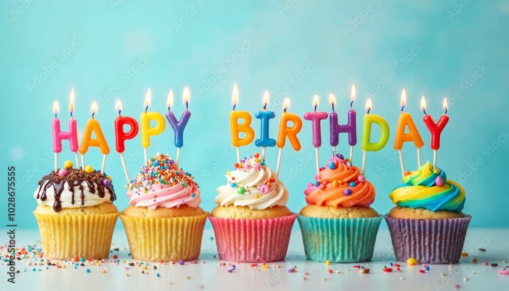 Colorful happy birthday cupcakes Stock Photo | Adobe Stock
