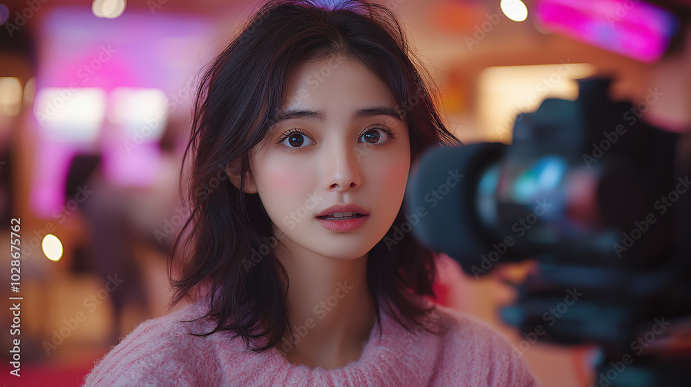 young female influencer vlogger blogger online broadcasting in social ...