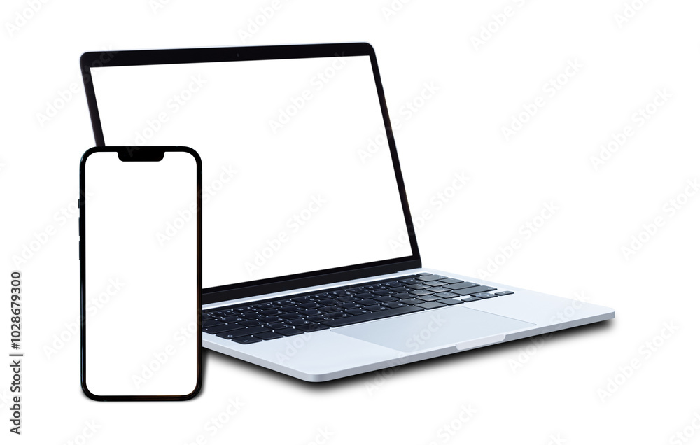 Laptop computer and mobile phone with blank screen isolated on ...
