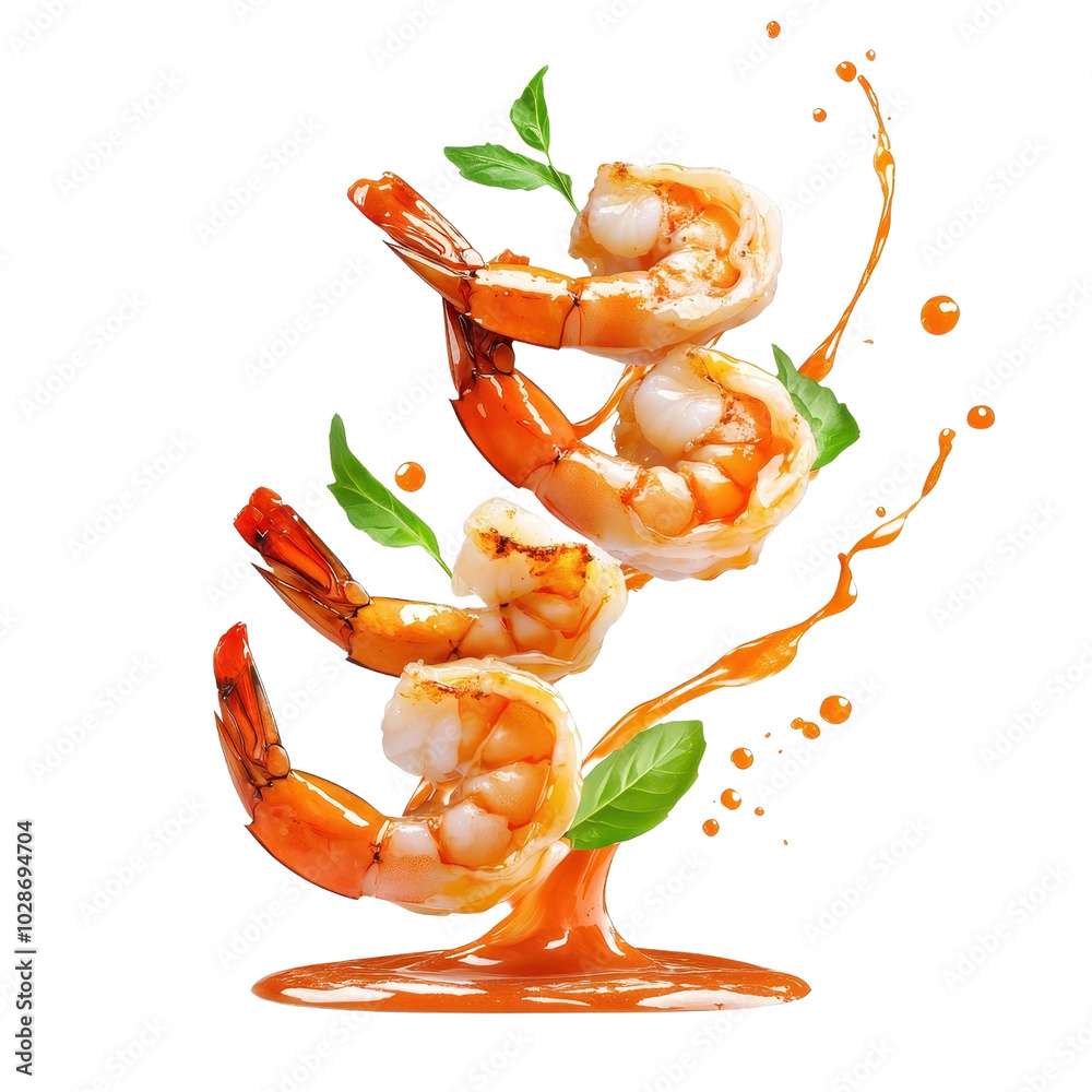 Sauce, circular splash swirl around grilled shrimp, isolated on a white ...