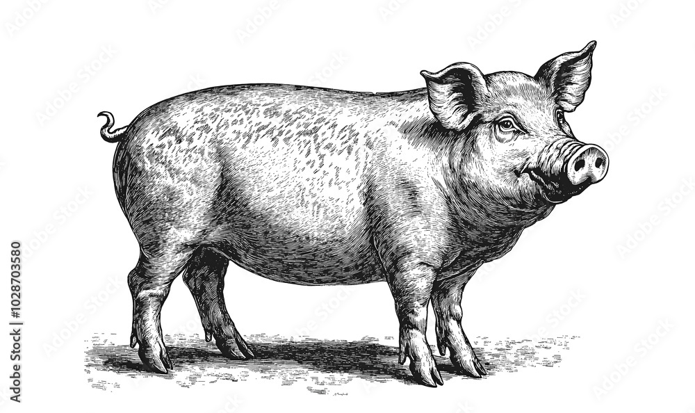 Pig, hog, boar. Vintage retro print, black white pig sketch ink pencil ...