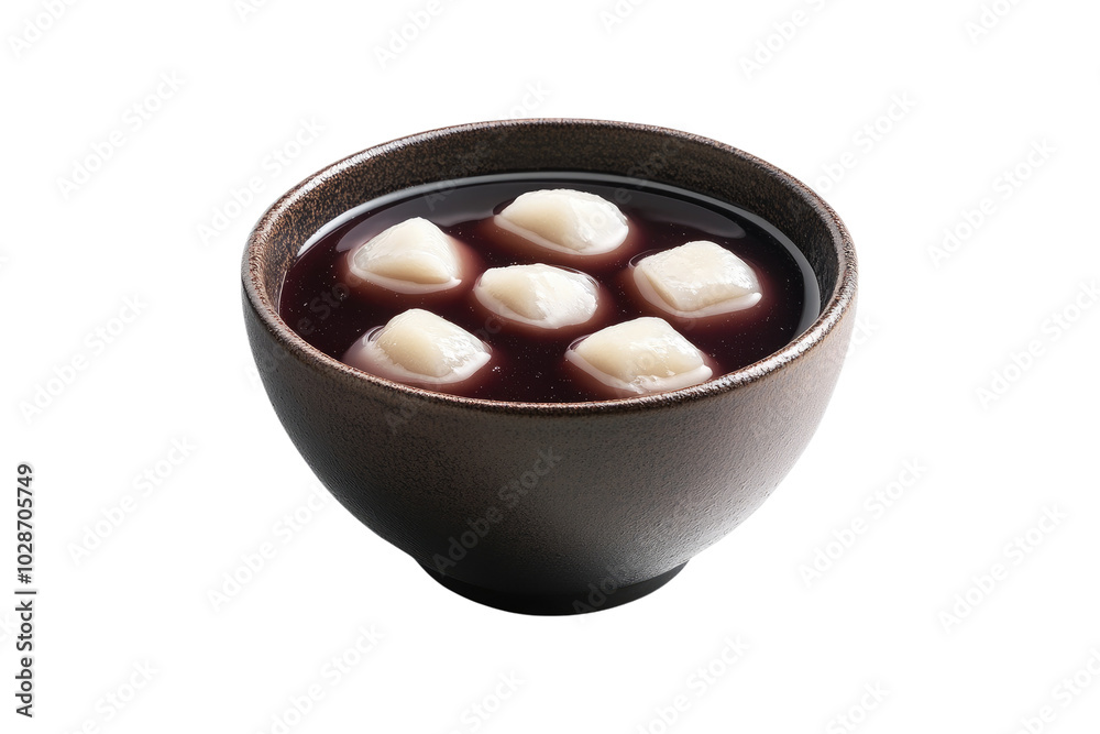 Traditional oshiruko sweet red bean soup with mochi in a wooden bowl on ...