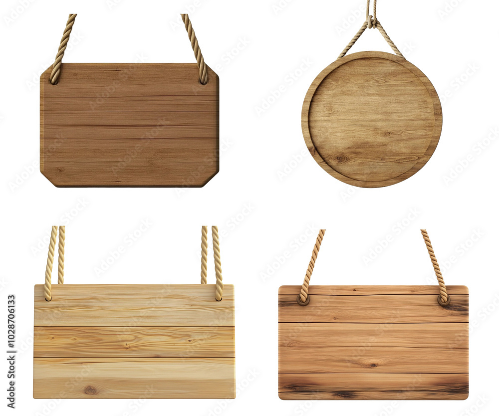 wooden sign board hanging on Ropes, Collection of different shapes old ...