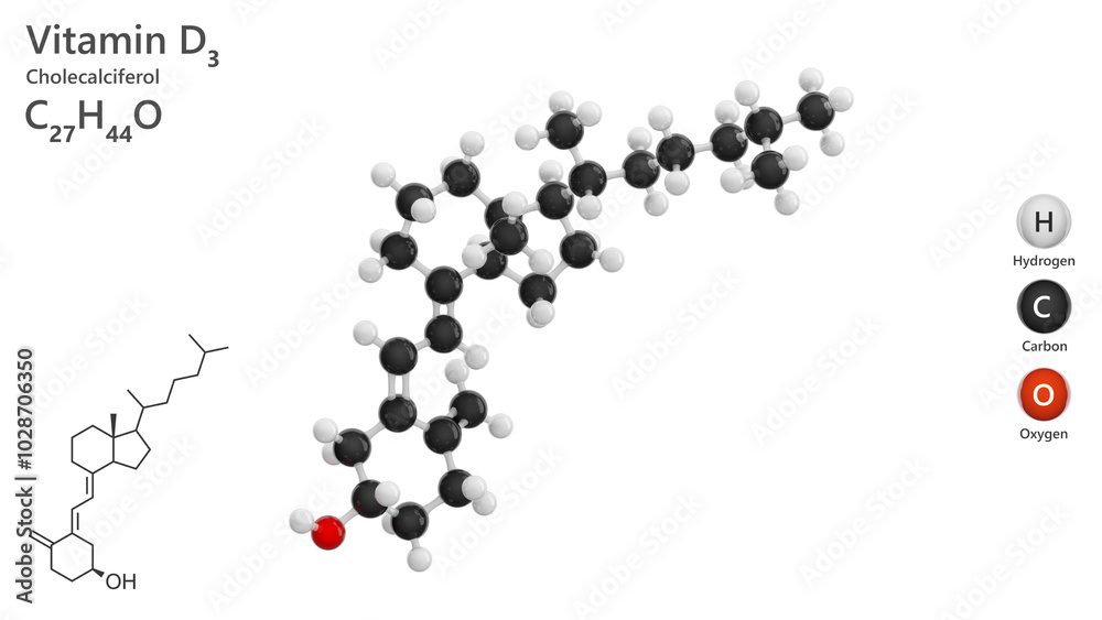 Cholecalciferol or Vitamin D3. Model of molecule. Molecular formula ...