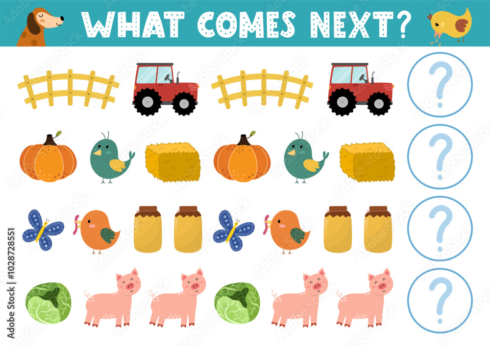 What comes next activity page for kids with cute farm characters ...