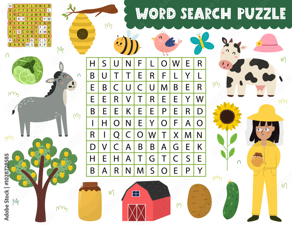 Word search puzzle with cute farm characters. Find the hidden words ...