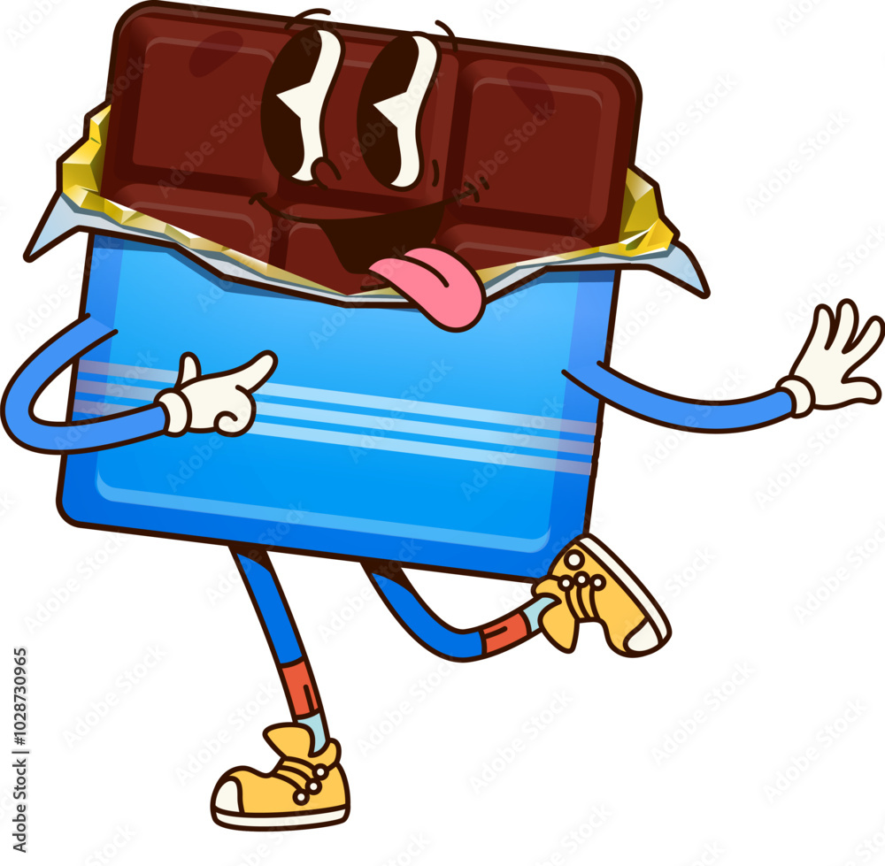 Groovy chocolate dessert character. Cartoon vector sweet candy bar in ...